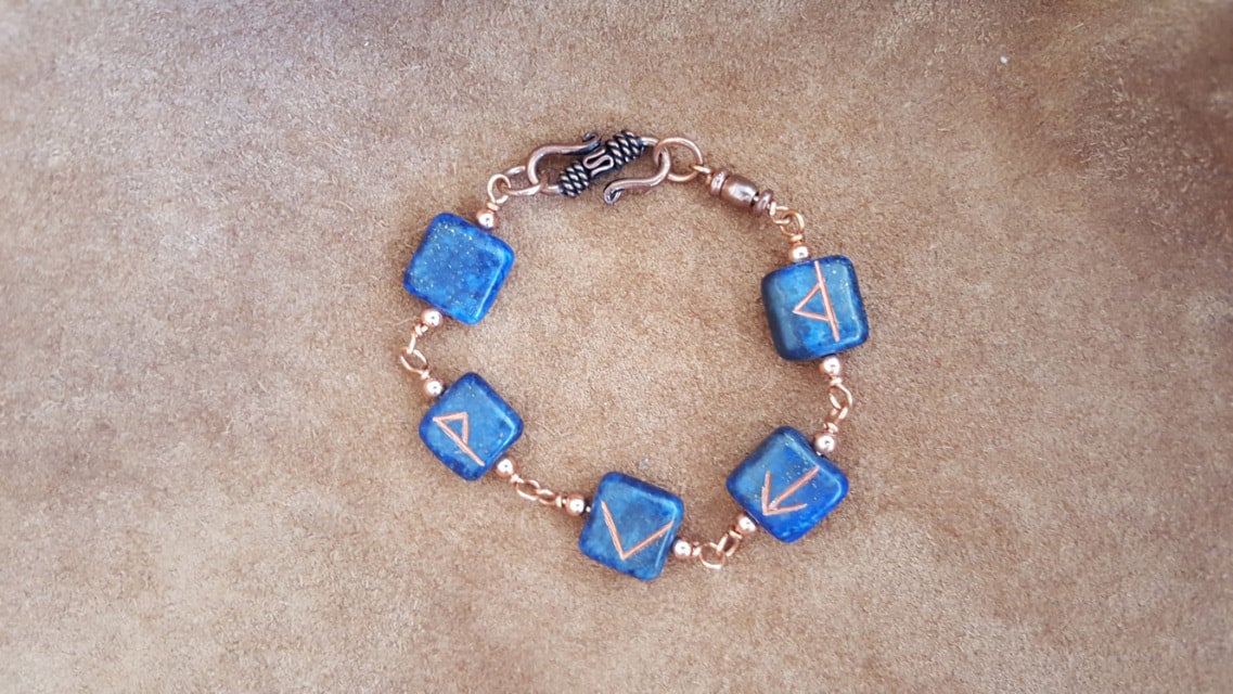 Lapis Lazuli / Copper "Serenity Prayer" Rune Bracelet, 6 3/4 inches ...