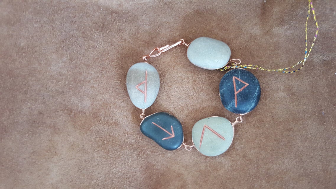 Beach Stone / Copper "Serenity Prayer" Rune Bracelet, 7 inches ...